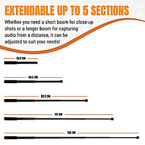 iOgrapher Microphone Boom Pole - Handheld Boom Pole Holder & Adjustable Microphone Mount - Compact & Extendable Pole Mount with Maximum Reach 1.5m (59")