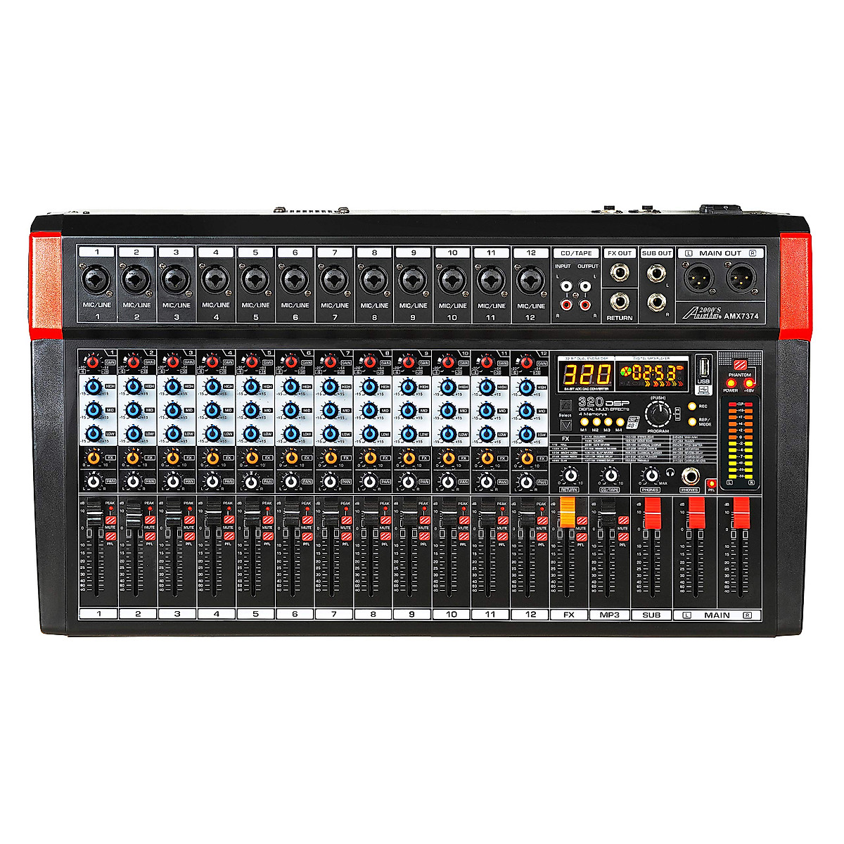 Audio2000'S AMX7374 12-Channel Audio Mixer with 320 DSP Sound Effects, Stereo Sub Out with Sub-Out Level-Control Fader, Level-Control Faders on All Channels, and USB/Computer Interface