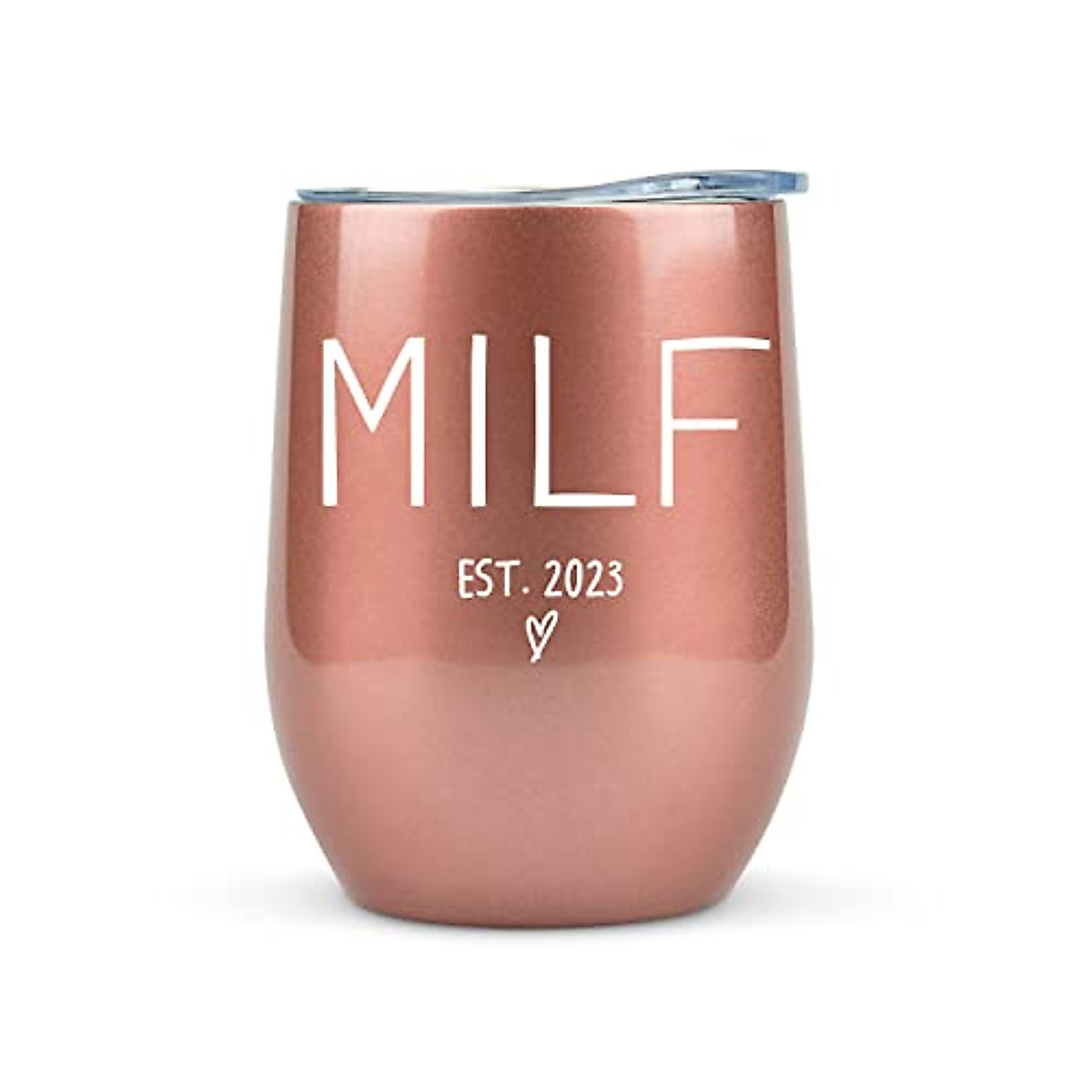 KLUBI New Mom Gifts 2023 MILF - 12oz Wine/Coffee Tumbler/Mug - Funny Gift Idea for First Time Mom, Women, Basket, Mommy, Pregnancy, Push, Baby Shower Gifts, Glass, Mom to Be, Mothers Day