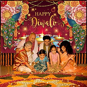 Happy Diwali Backdrop Banner, Indian Diwali Decorations for Home, Diwali Party Supplies Photography Background, Diwali Peacock Banner Wall Hanging for Diwali Party Decorations