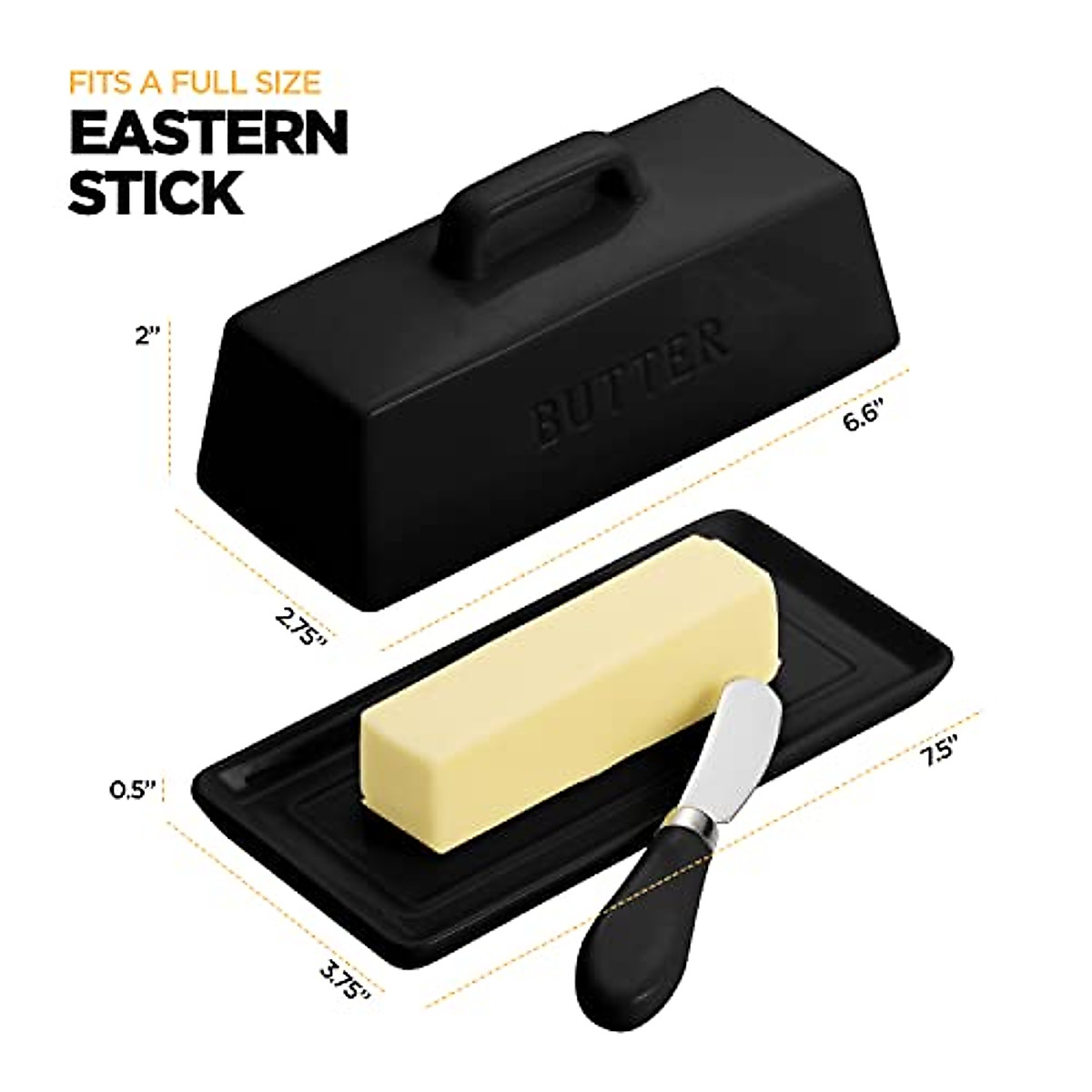Ceramic Butter Dish Set with Lid and Knife - [Black]- Decorative Butter Stick Holder with Handle for 1 Stick of Butter - Microwave Safe, Dishwasher Safe - Anti-Scratch Stickers Included.