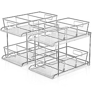 StoreHappily 2 Pack 2 Tier Clear Organizer with Dividers Multi-purpose Under Sink Organizers and Storage Pull Out Cabinet Organizer Plastic Drawer Organization and Storage for Bathroom and Kitchen