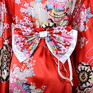Women Japanese Kimono Robe Sweet Floral Patten Japanese Kimono Cosplay Dress Outfit Women Silk Satin Bathrobe Sleepwear (Long Kimono Red)