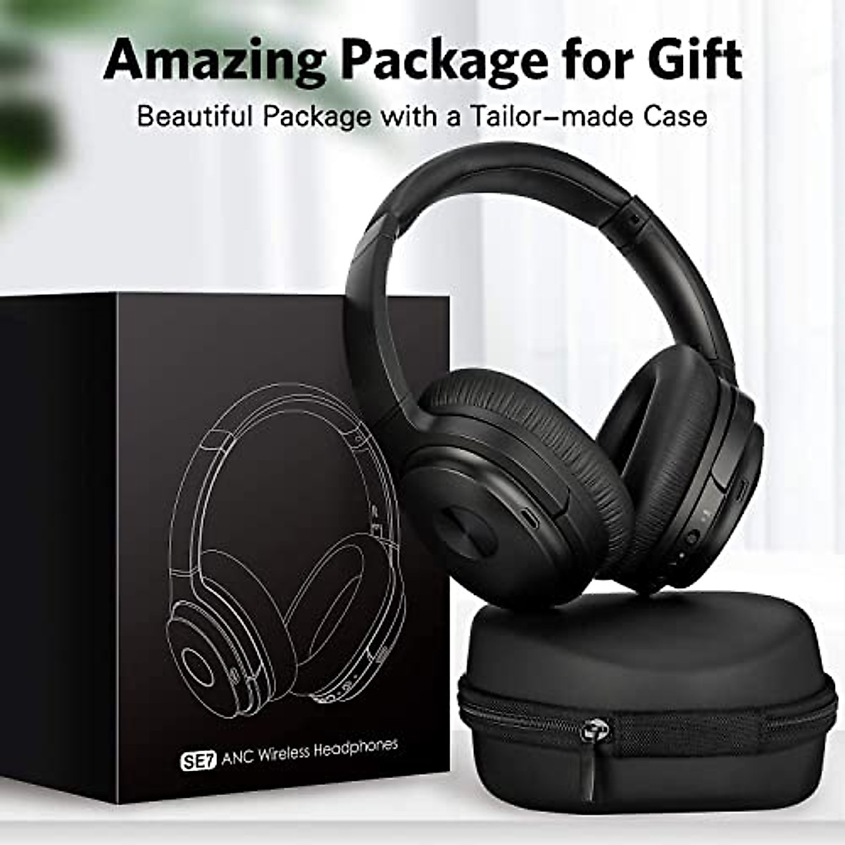Qisebin Active Noise Cancelling Headphones, SE7 Bluetooth Headphones with Microphone Deep Bass Wireless Headphones Over Ear, Comfortable Protein Earpads, 30 Hours Playtime for Travel/Work, Black
