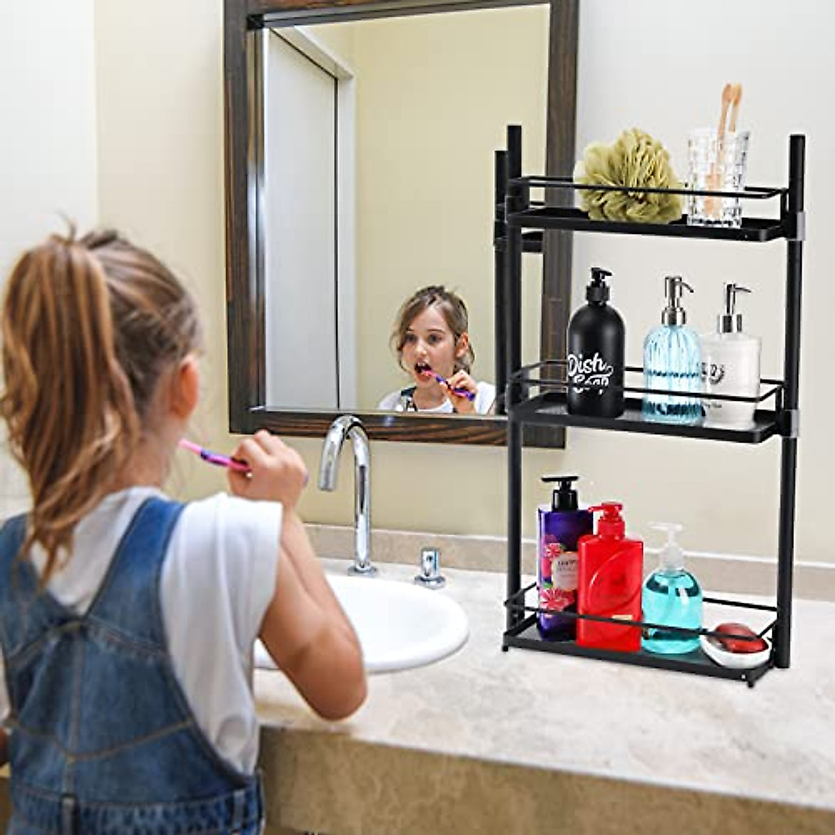 WUWEOT 3-Tier Tall Bathroom Countertop Organizer, Kitchen Spice Rack Vanity Tray Cosmetic Organizer, Black Standing Shelf for Bathroom, Kitchen, Living Room, Bedroom, Dressing Table