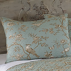 Levtex Home - Lyon Teal Quilt Set - King/Cal King Quilt + Two King Pillow Shams - Bird Toile - Teal, Brown, Cream - Quilt Size (106x92in.), Sham Size (36x20in.) - Reversible - Cotton Fabric