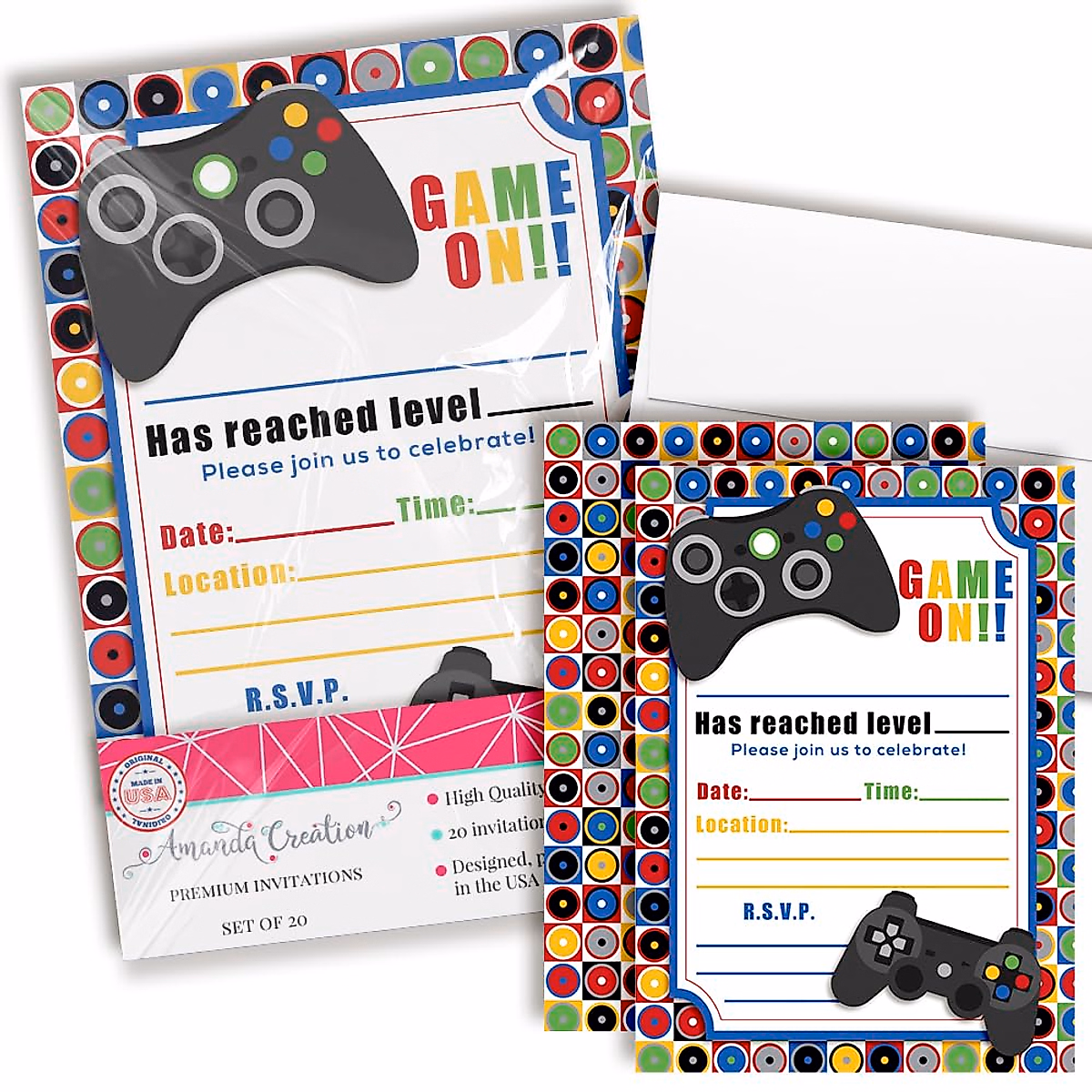 Game On! Video Gamer Birthday Party Fill In Invitations, 20 5x7 Fill In Cards with Twenty White Envelopes by AmandaCreation