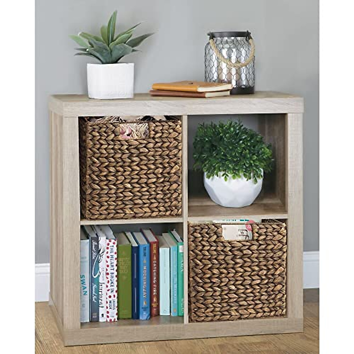 mDesign Natural Woven Hyacinth Cube Bin Basket Organizer with Handles, Storage for Bedroom, Home Office, Bathroom, Shelf and Cubby Organization, Hold Blankets, Magazines, Books, 2 Pack, Brown Wash