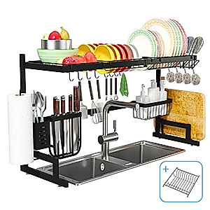 ALPTHY Over The Sink Dish Drying Rack, (33.5"-39.5") Dish Rack with 2 Plate Rack for Kitchen Organization, Width Adjustable Dish Drainer Kitchen Sink Organizer Space Saver Dish Dryer Rack