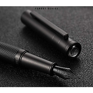Matte Black Forest Fountain Pen Extra Fine Nib Classic Design with Converter and Metal Pen Box Set by Asvine