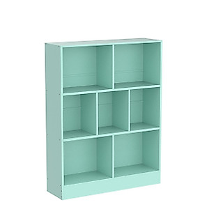 LEYAOYAO 7 Cube Bookshelf with Base,3 Tier Modern Mint-Green Kids Bookcase,Standing Wide Bookshelves Storage Organizer Toy Shelf,Wood Display Children's Book Shelves for Bedroom,Living Room,Nursery