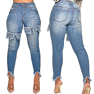 FairBeauty Women's Skinny Stretch Jeans Frayed Raw Hem Slim Fit Jeans Ripped Denim Pants Blue-a