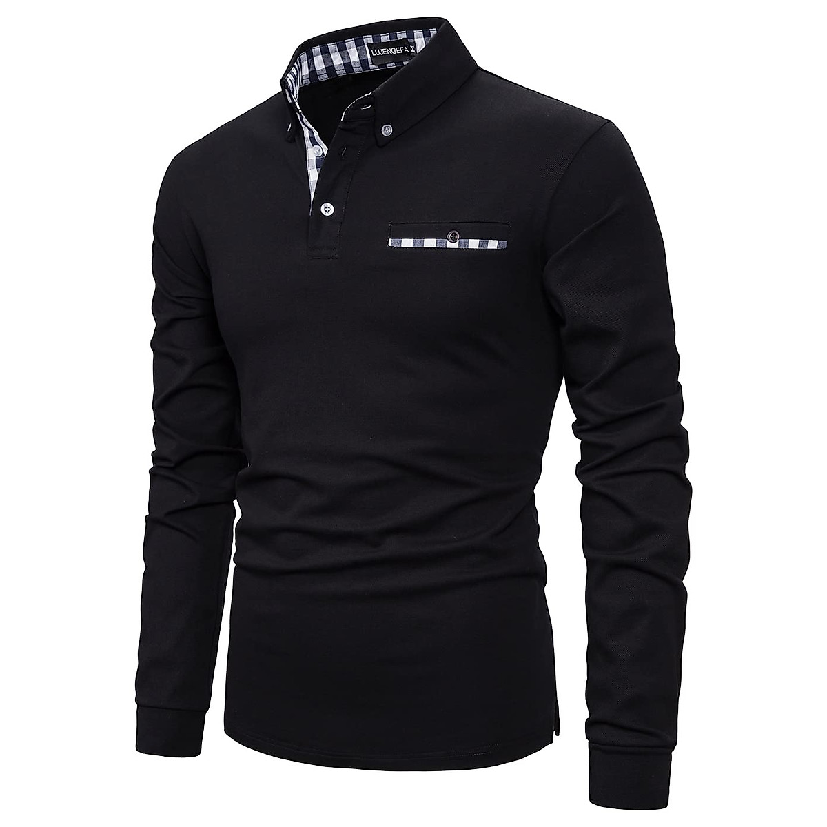 LUJENGEFA Mens Polo Shirts Long Sleeve Casual Plaid Collar Golf Shirt for Men Slim Fit Cotton Polo T Shirts Top B-Black Large