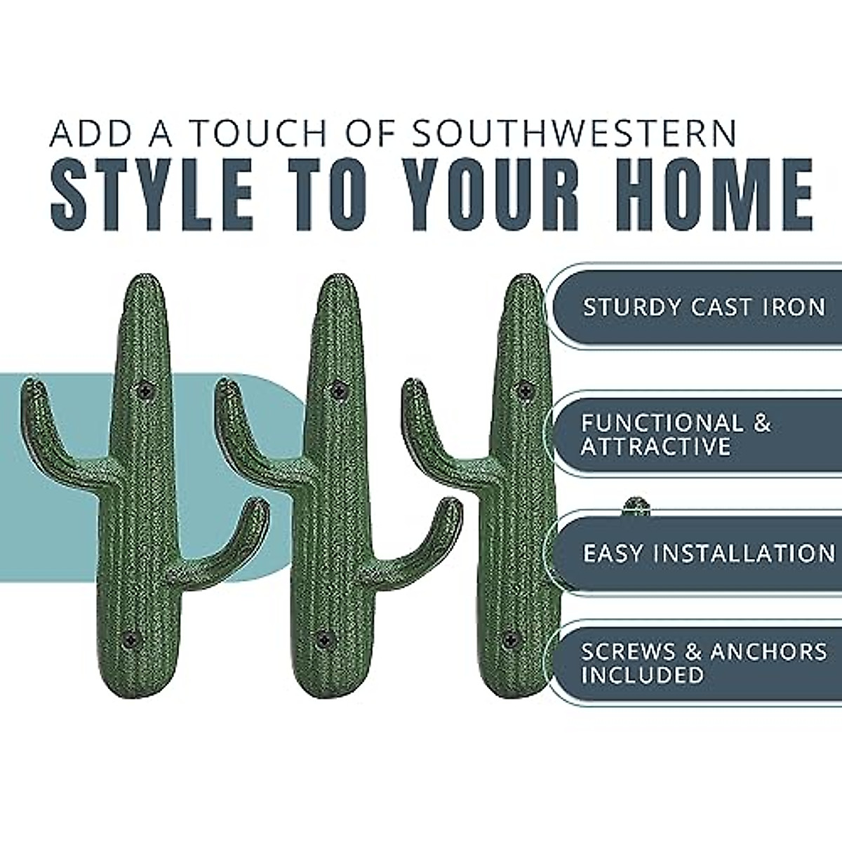Comfify Set of 3 Hooks Cast Iron Cactus Double Wall Mounted Hooks/Hangers - Decorative Wall Mounted Hooks for Coats, Bags, Towels and More - w/Screws and Anchors Included - Rustic Green