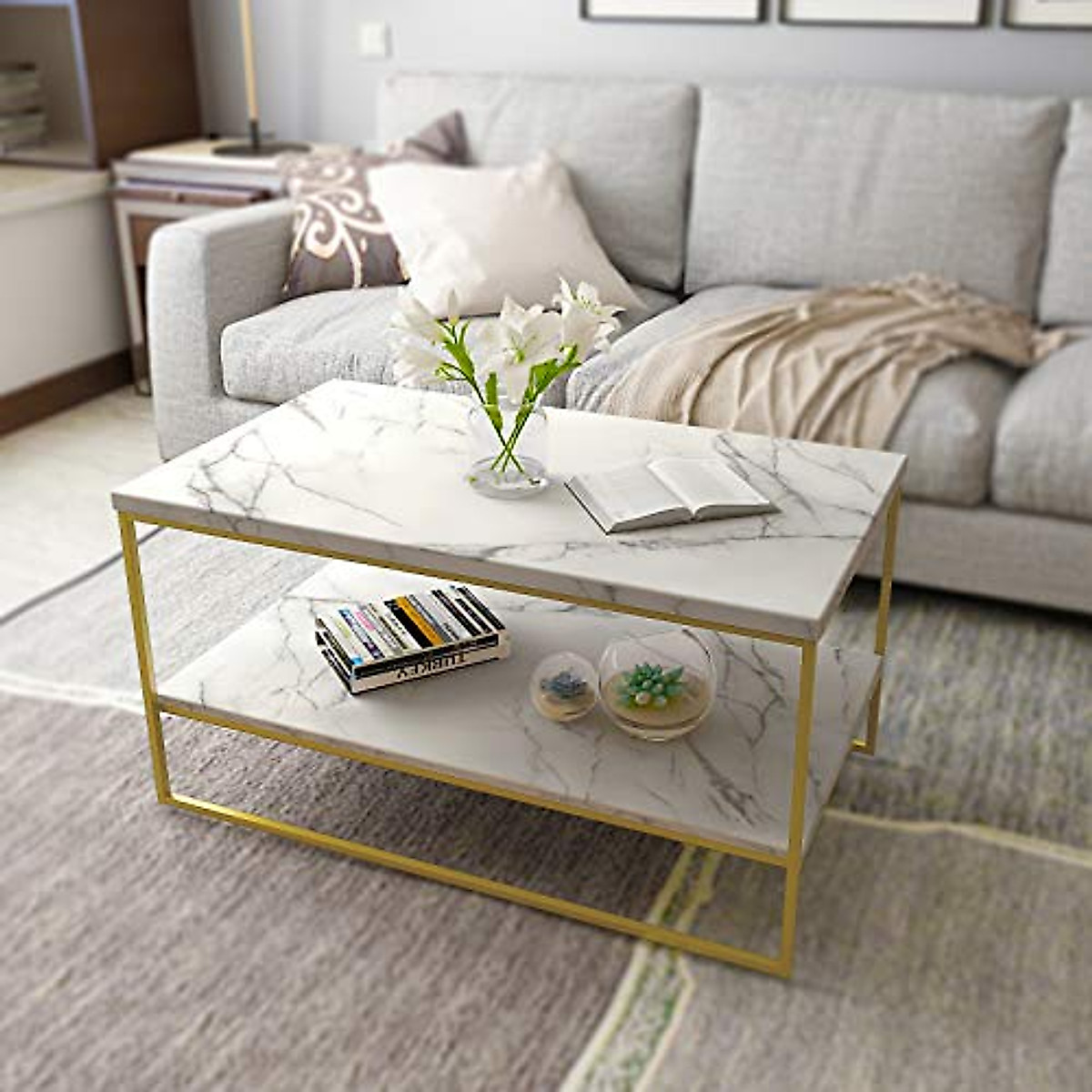 roomfitters 35” Faux Marble Coffee Table, Marble Top Rectangular Coffee Table, Center Table with Gold Metal Frame, 2 Tier Living Room Table, Cocktail Table with Storage for Living Room