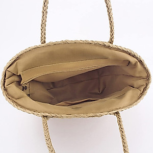 QTKJ Straw bags, Hand-woven Women Summer Retro Straw Tote Bag Pure Colour Straw Beach Shoulder Bag (Khaki)