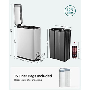 SONGMICS Slim Trash Can, 12.7 Gallon Garbage Can for Narrow Spaces with Soft-Close Lid, Inner Bucket, and Step-on Pedal, Stainless Steel, 15 Trash Bags Included, Silver ULTB510E48