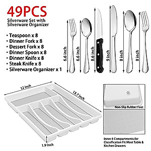 49-Piece Silverware Set with Flatware Drawer Organizer, Durable Stainless Steel Cutlery Set for 8, Mirror Polished Kitchen Utensils Tableware Service with Steak Knives Dinner Fork Knife Spoon & Tray