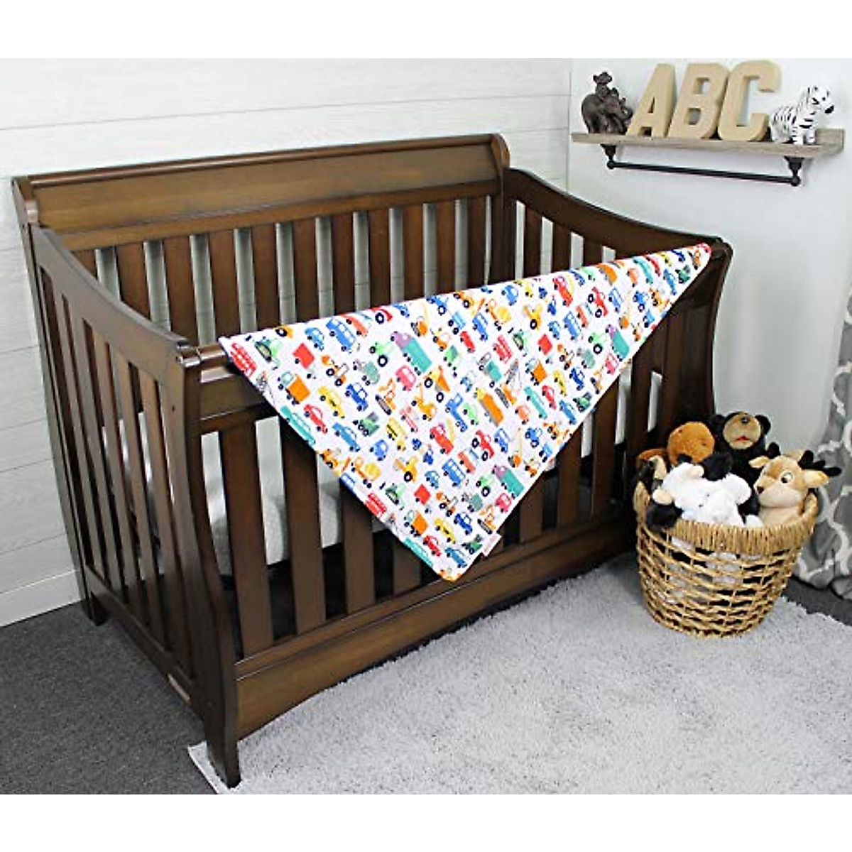 Top Tots Baby Blanket - City Cars and Trucks with Navy Blue Minky Dot