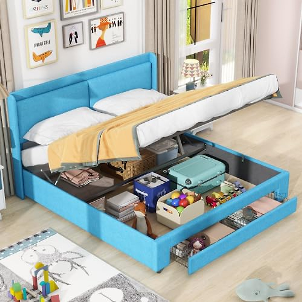 BOVZA Queen Size Lift up Storage Upholstered Platform Bed with 2 Drawers, Modern Wingback Headboard, Hydraulic Storage Bed Frame, Linen Blue