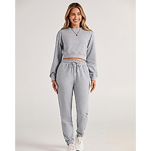 BTFBM Women 2 Piece Outfits Long Sleeve Crop Top Pullover Drawstring Pant Jogger Set Casual Sweatsuits Tracksuit Pockets(Grey, Small)
