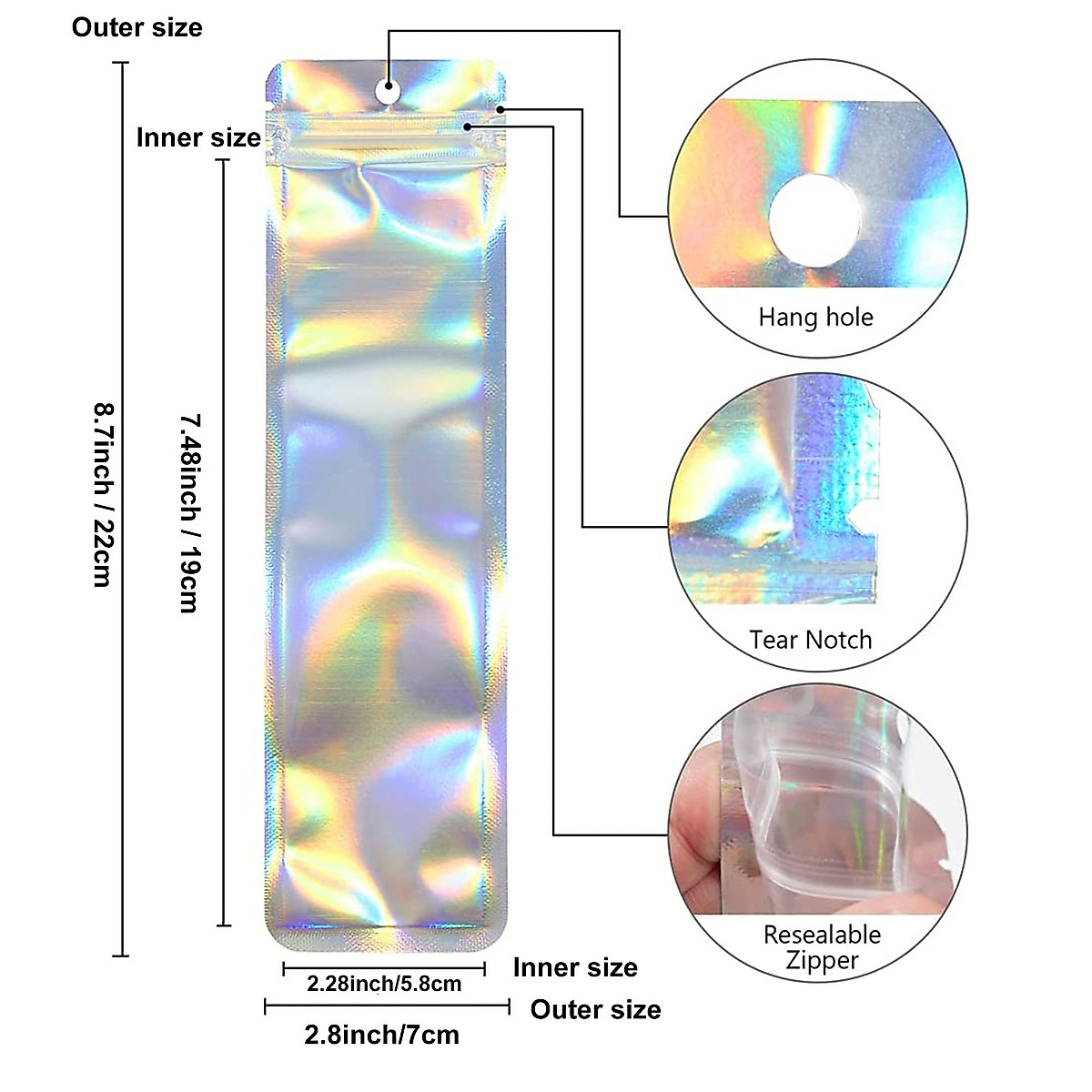 100 Pieces Smell Proof Bags Holographic Packaging Bags Storage Bag with Clear Window for Food Storage (Holographic Color, 2.8x8.7 Inch)