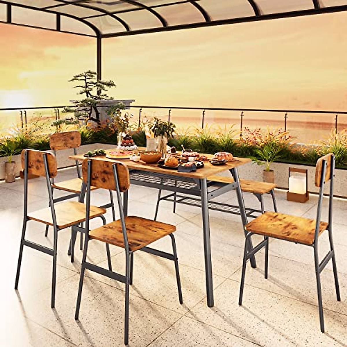 Gizoon 6-Piece Dining Table Set for Home, Kitchen, Dining Room with Storage Racks, Rectangular Kitchen Table with Bench, 4 Chairs, Steel Frame, Brown