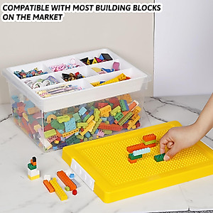 loobuu Plastic Storage Bins with Lids - 1 Set Stackable Arts Crafts Organizer Box with Removable Divided Tray &Compatible Building Baseplate,Toy Chest Containers for Bricks-Yellow(14.37"x9.64"x6.69")