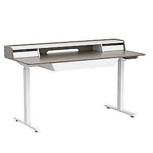 FEZIBO Standing Desk Adjustable Height with Drawers, 55 x 25 Inch Stand Up Desk with Storage Shelf, Electric Standing Desk with Storage Space, Light Walnut Top/White Frame