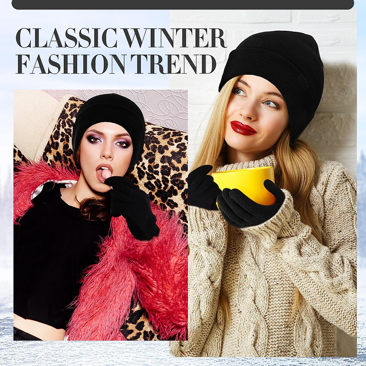 2 Pcs Shiny Match Winter Beanie Hat Gloves Set, Soft Knitted Hat Stretchy Gloves Warm Skull Cap Set for Women Men Gifts (Black)