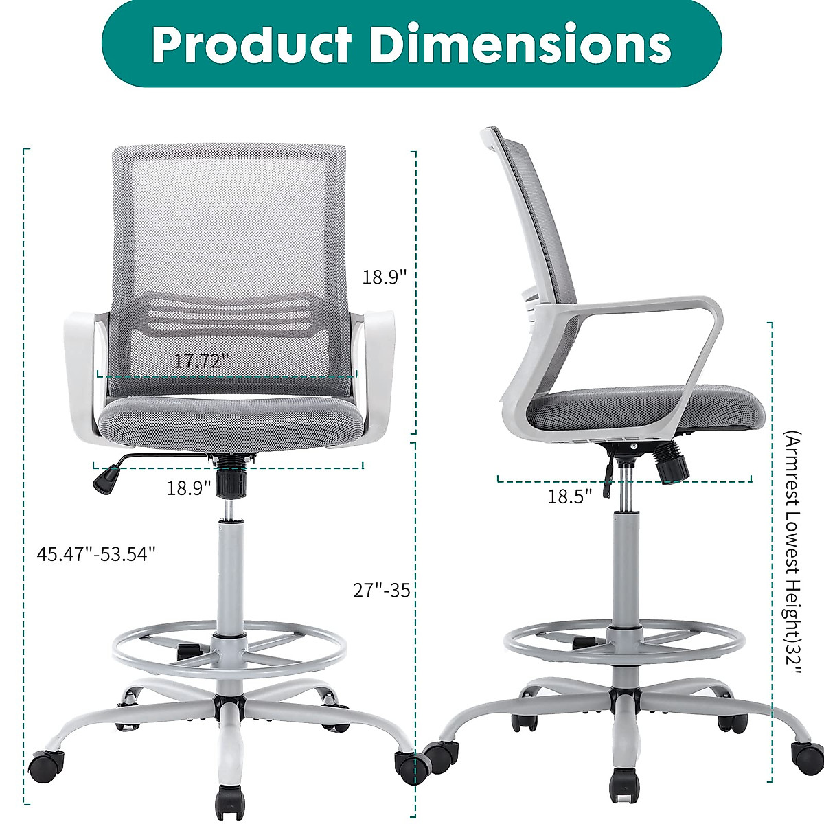Drafting Chair - Tall Standing Office Desk Chair with Adjustable Foot Ring, Chair with Ergonomic Lumbar Support, Adjustable Height, Breathable Mesh