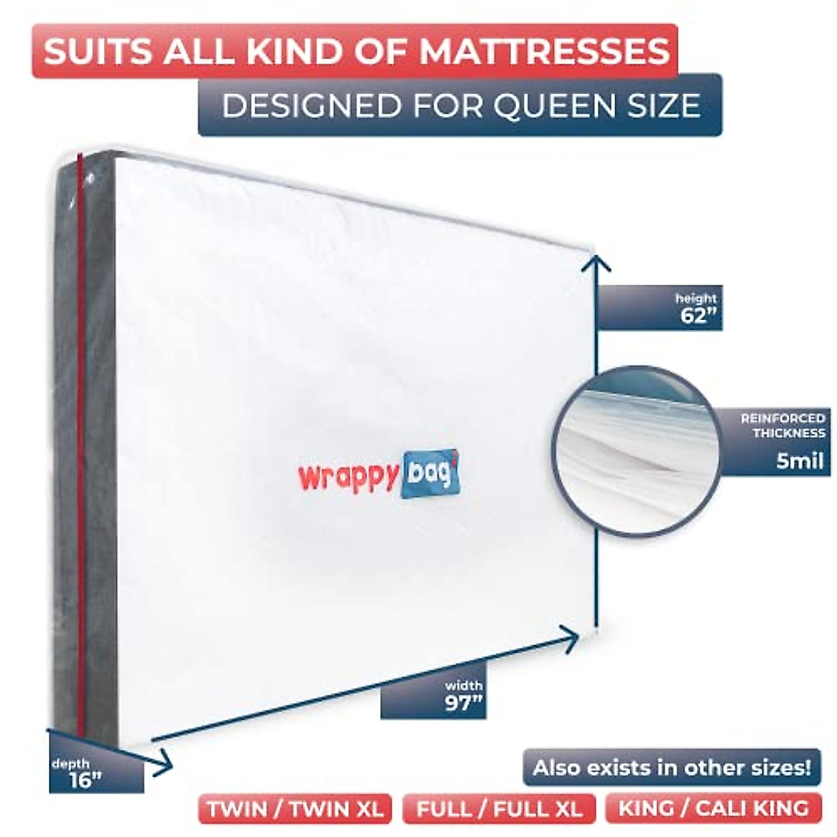 Wrappybag® – Protective Plastic Mattress Bag — Queen Size — Waterproof, Anti-Tear Storage Bag — for House Moves, Storage and Transport