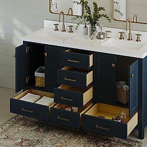 ARIEL Double Bathroom Vanity 61" Midnight Blue, 1.5" Edge Pure White Quartz Countertop & Splash, Rectangular Sinks, 4 Soft Closing Doors, 6 Full Extension Dovetail Drawers, Satin Brass