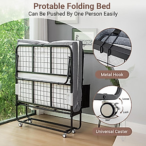 Kiivakii Rollaway Bed with Mattress for Adults, Portable Folding Bedframe with Memory Foam, Sturdy Metal Frame, Space Saving & Easy Storage, 75" x 38", Black and Gray