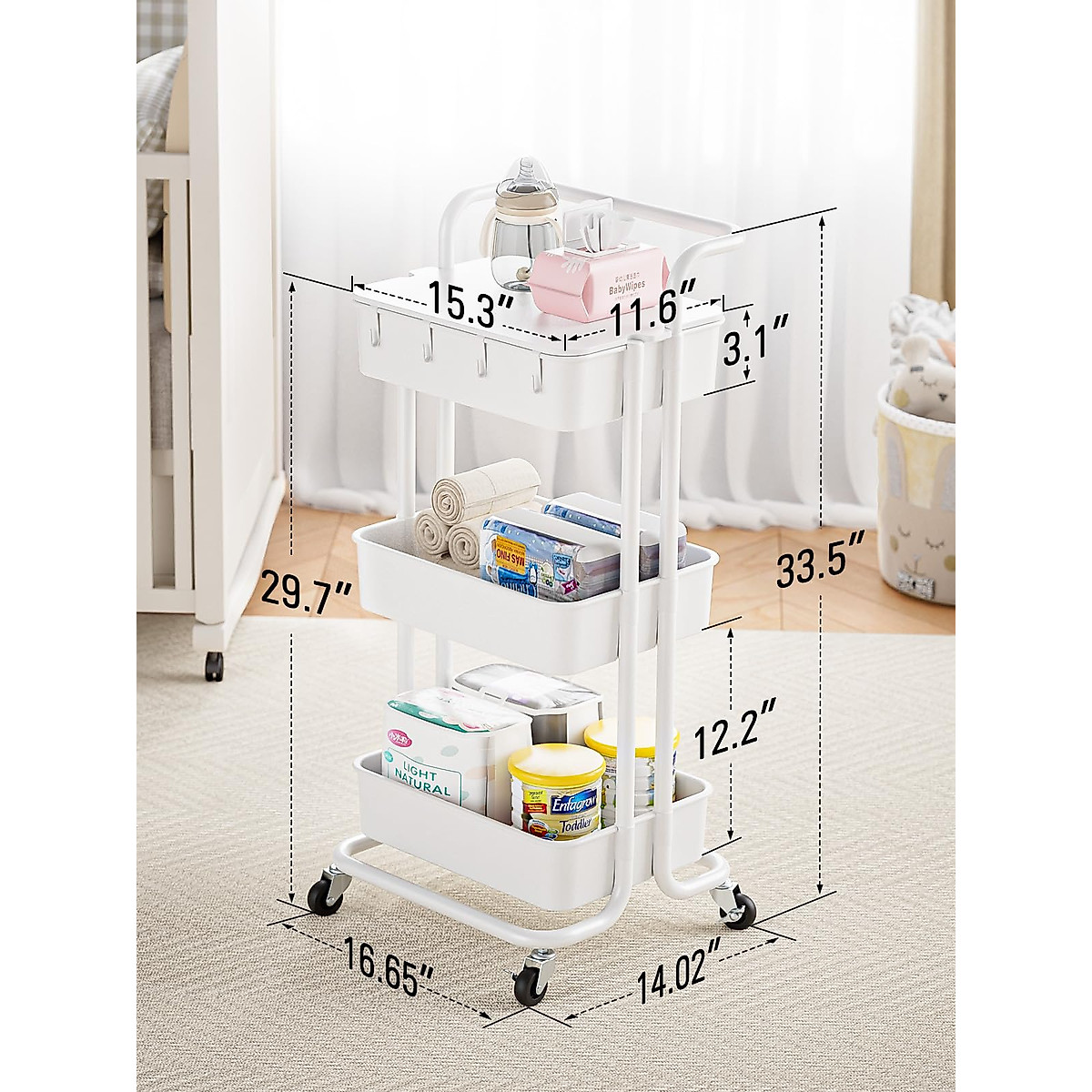 Pipishell 3 Tier Rolling Cart with Table Top, Utility Cart with Wheels & 4 Hooks, Rolling Storage Cart for Home Storage and Organization, White, PIUC09W