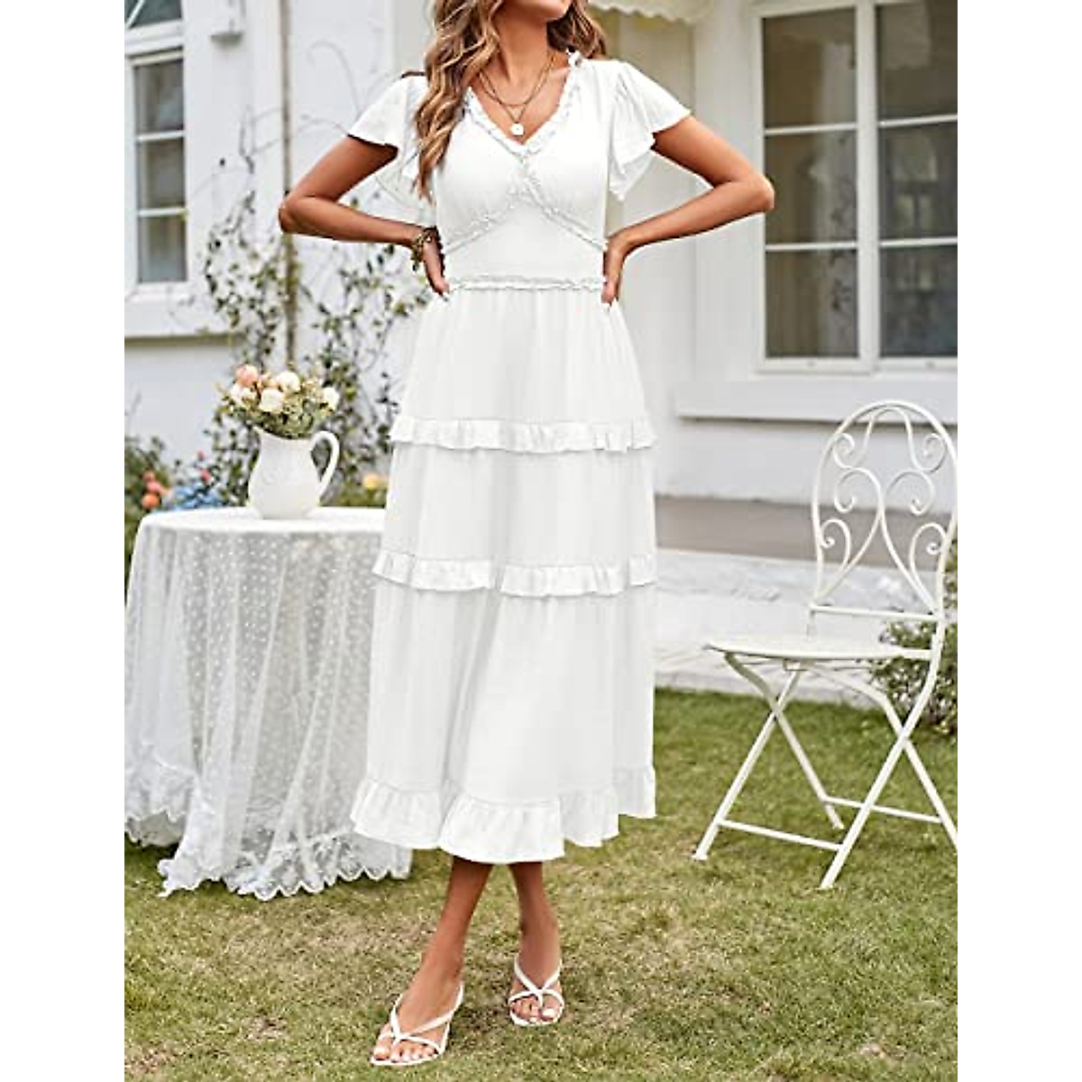 MEROKEETY Womens Summer Casual V Neck Ruffle Sleeve High Waist Smocked Flowy Midi Dress, White, M