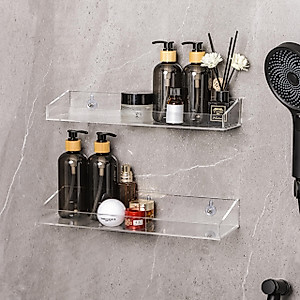 BLBYHO 2 Pack Acrylic Bathroom Shower Shelves Shower Caddy, 15" Clear Shower Organizer Floating Shelves Stick on for Bathroom Wall Mounted, Provide Adhesive Strips & Mounting Screws