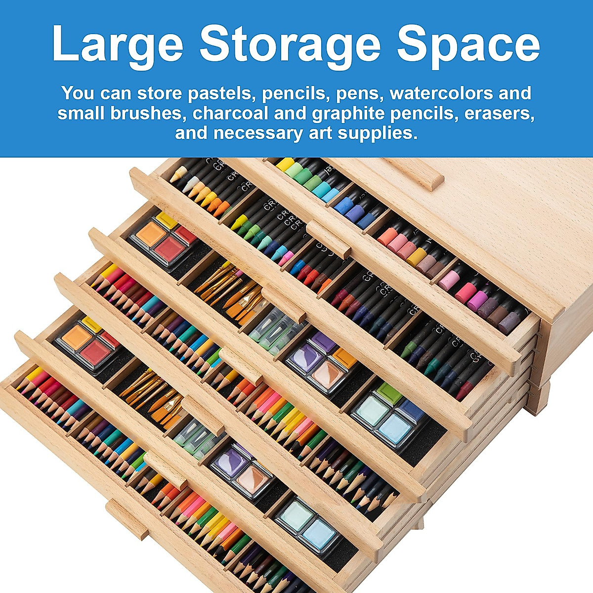 Falling in Art Wooden Pastel Storage Box, Artist Supply Storage Box With 6 Removable Drawer, Portable Organizer Box for Pencils, Markers, Brushes and Painting Tools