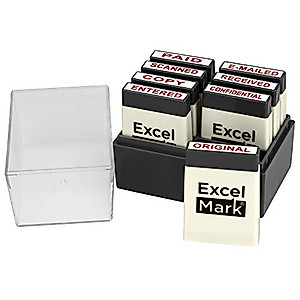 ExcelMark Mini Office Message Rubber Stamp Set - Red Ink - Storage Tray Included