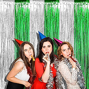 4 Pack 3.2Ft x 8.2Ft Silver Green Foil Fringe Curtain Backdrop, Metallic Tinsel Foil Fringe Streamers Curtains Background for Photo Booth, Birthday, Wedding, St Patrick Day Party Decoration