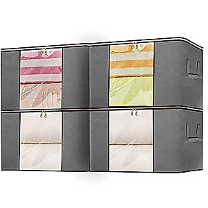 60L Toy storage organizer clothes storage container closet organizer storage bags for clothes under bed storage bin organizer for closet ,shelves, basement，Foldable Clothing Storage Organizer with Reinforced Handle & Zippers （4 pack, grey)