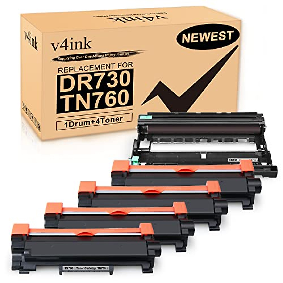 v4ink Compatible DR-730 Drum and TN-760 Toner Cartridge Set Replacement for Brother DR730 TN760 TN730 for use with HL L2325DW L2350DW L2370DW MFC L2690DW L2710DW L2717DW (1 DR730 Drum+ 4 TN760 Toner)