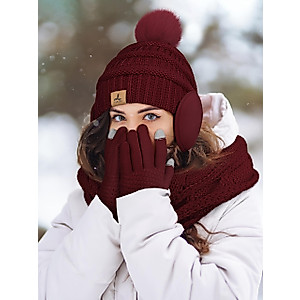 Winter Hat Scarf Gloves and Ear Warmer, Warm Knit Beanie Hat Touch Screen Gloves Set Winter Gifts Neck Scarves for Women Wine Red