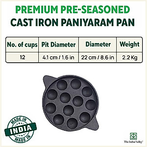 The Indus Valley Pre-Seasoned Cast Iron Paniyaram Pan (12 Pits - Twin Handle),Black