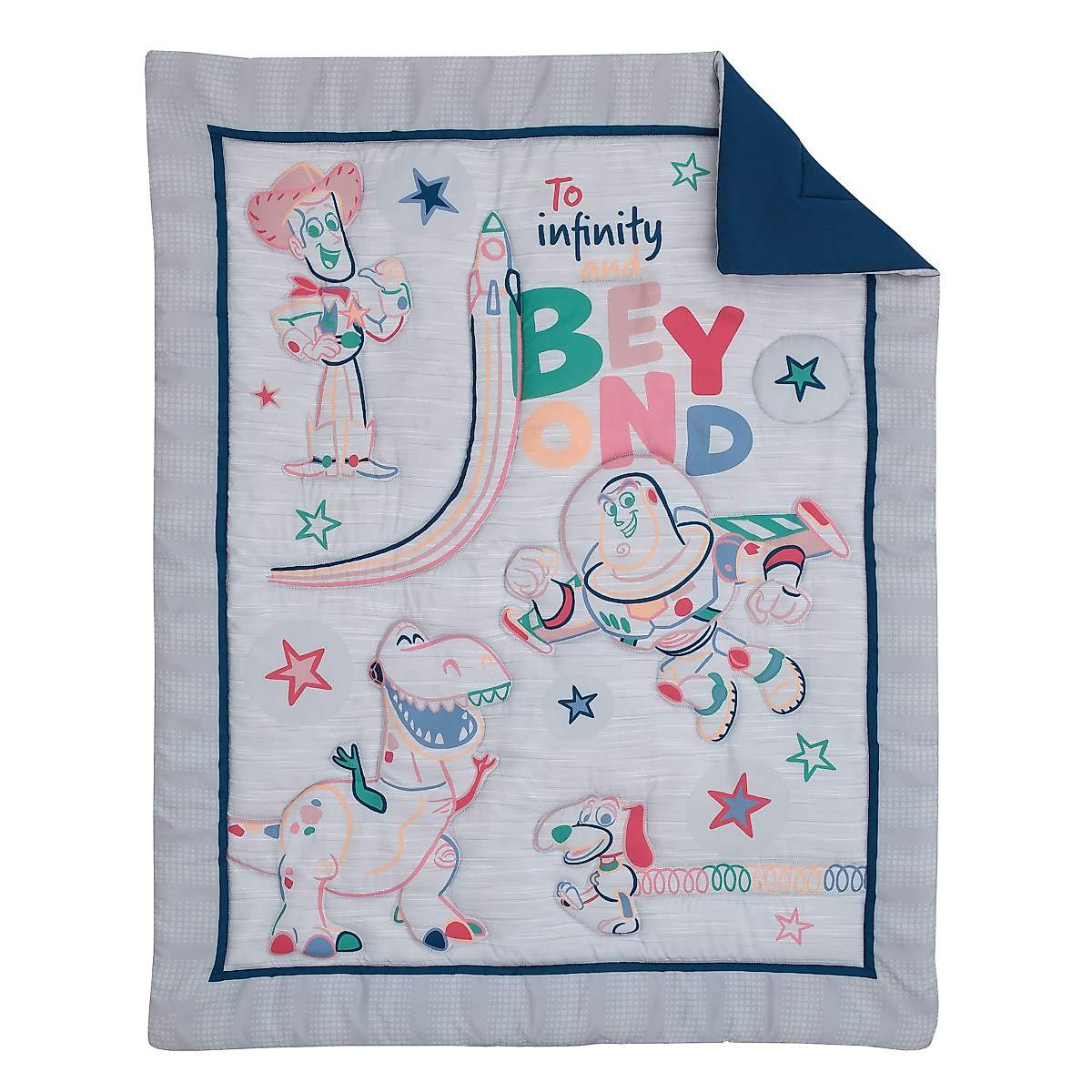 Disney Toy Story Color Crazy, to Infinity and Beyond Woody, Buzz Lightyear, Slinky Dog, and Rex 3 Piece Nursery Crib Bedding Set - Comforter, Fitted Crib Sheet, and Crib Skirt