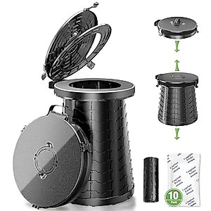 XXL Portable Toilet for Camping, 19.7"H Super Large Retractable Potty for Adults, Adjustable Height, with Liquid Waste Gel, Toilet Bag (Black)