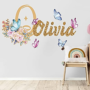 Kyle Cornhole Custom Name & Initial Letter Wall Decal - Flowers Butterfly Stickers for Girls Bedroom Flower WallPersonalized Room Baby Nursery Decals Butterflies ations Gold Letters, Green