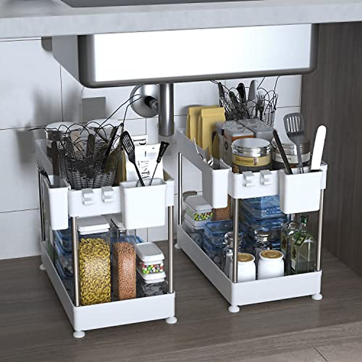 Under Sink Organizers and Storage, Venroii Cabinet Organizer, 2 Pack Under Sink Organizer for Kitchen Bathroom, Kitchen Organization and Storage (White)