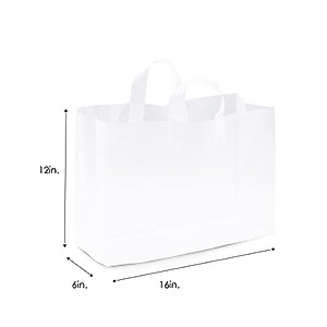 Prime Line Packaging - 16x6x12 Inch 50 Pack Plastic Bags with Handles, Shopping Bags for Small Business, Large Clear Frosted White in Bulk for Boutiques, Retail Stores, Merchandise & Gifts
