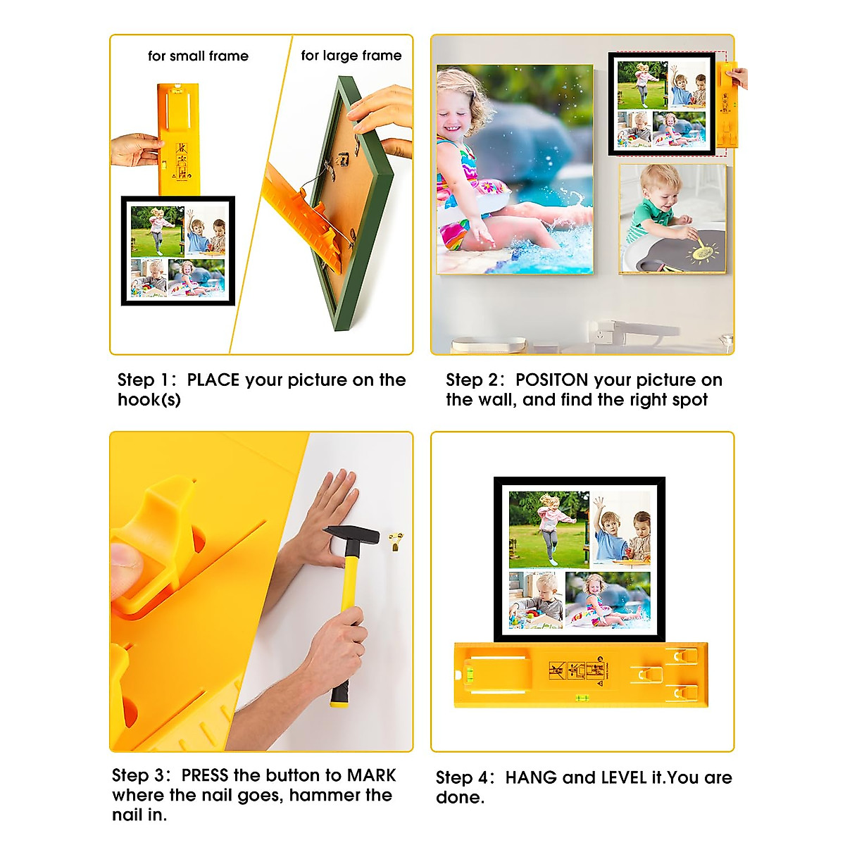 Stalishare Goodsnova Picture Hanging Tool with Level and Position Nail, Instaframe Kit Quick Hang and Level, Easy Picture Hanger Helper for Wall Frame/ Art/ Painting/ Photo/ Poster (Plastic, Yellow)